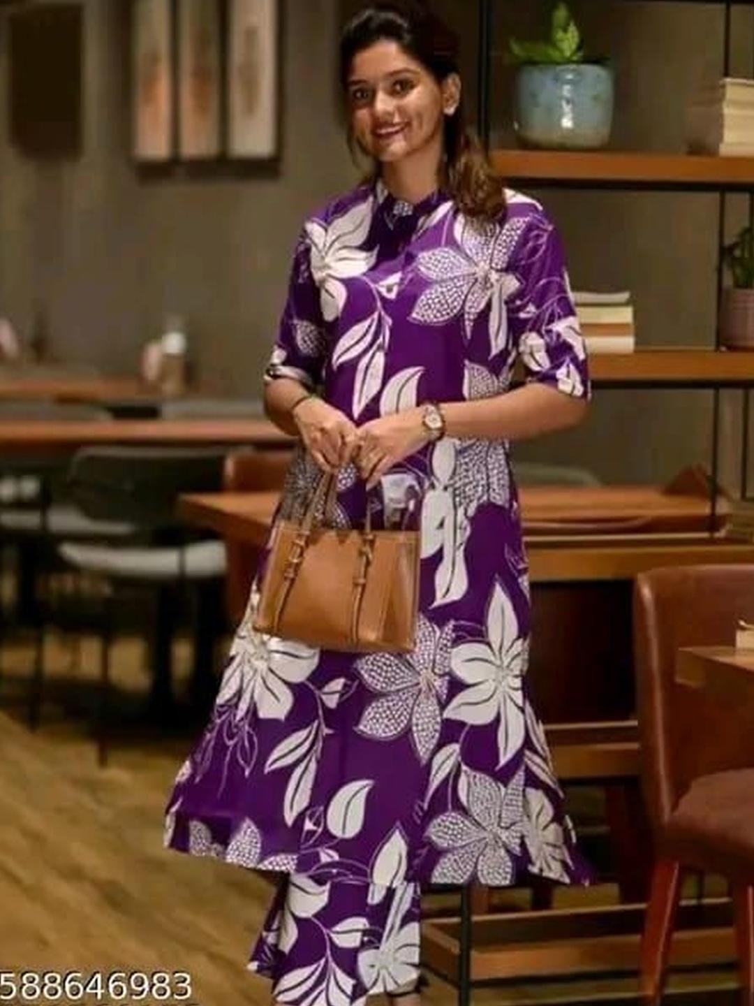 Buy ANGIYA Floral Printed Mandarin Collar Pure Cotton Straight Kurta ...