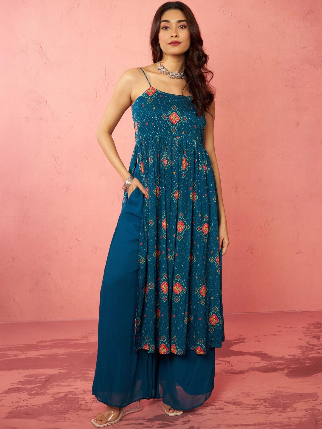 Buy VASTRAMAY Ethnic Motifs Printed Empire Shoulder Straps Flared Kurta ...