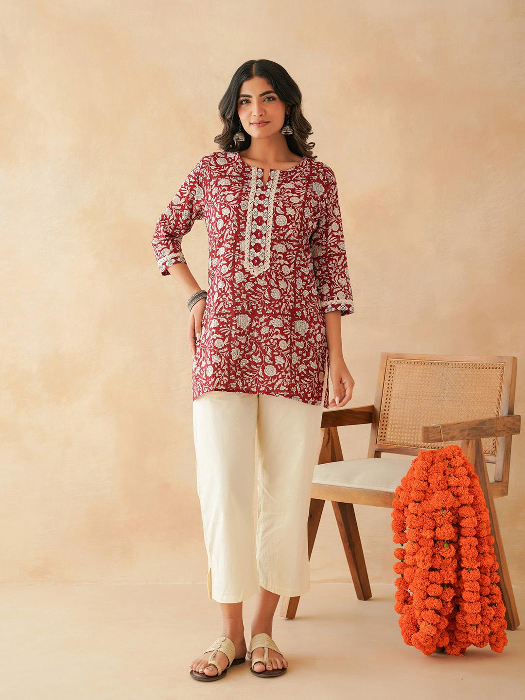 Buy GOODHAND Floral Block Printed Round Neck Straight Pure Cotton Kurti ...