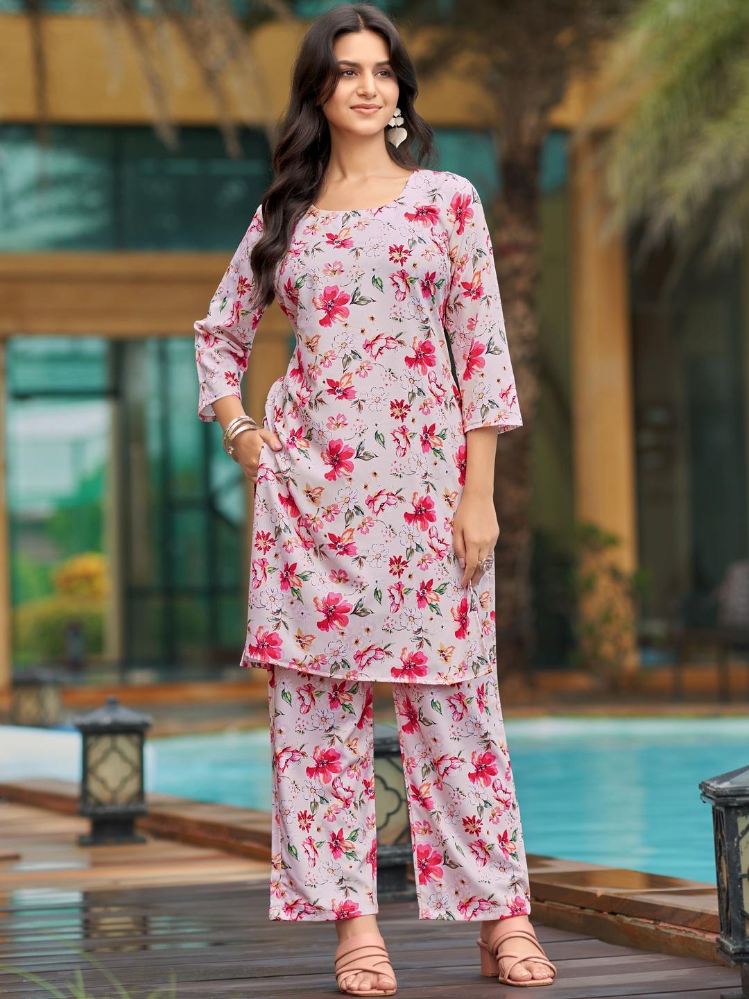 Buy Moda Rapido Women Pink Floral Printed Crepe Top With Trousers Co ...