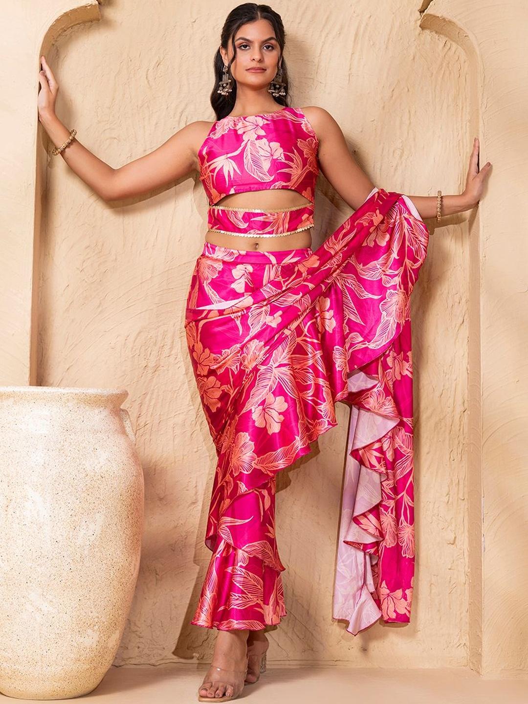 Buy MABISH By Sonal Jain Floral Satin Draped Frill Pant Saree - Sarees ...