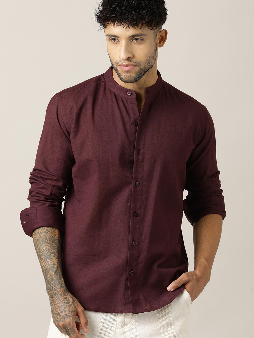 Buy Paper Cut Relaxed Mandarin Collar Roll Up Sleeves Cotton Shirt ...