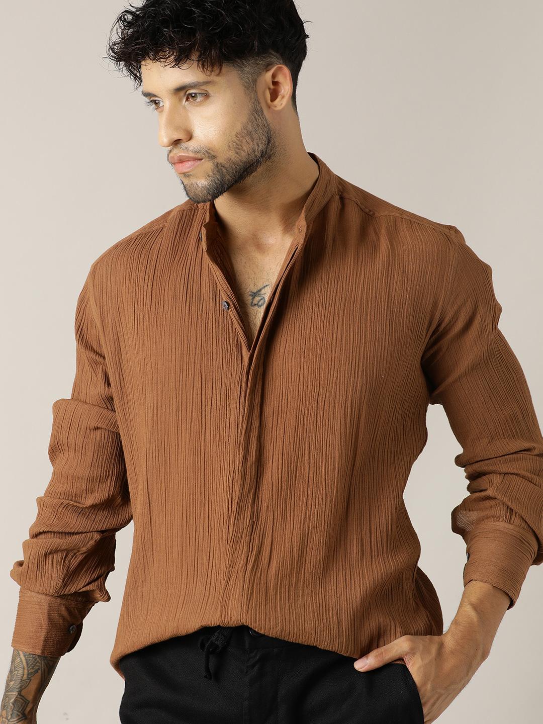 Buy Paper Cut Relaxed Fit Textured Band Collar Cotton Shirt - Shirts ...