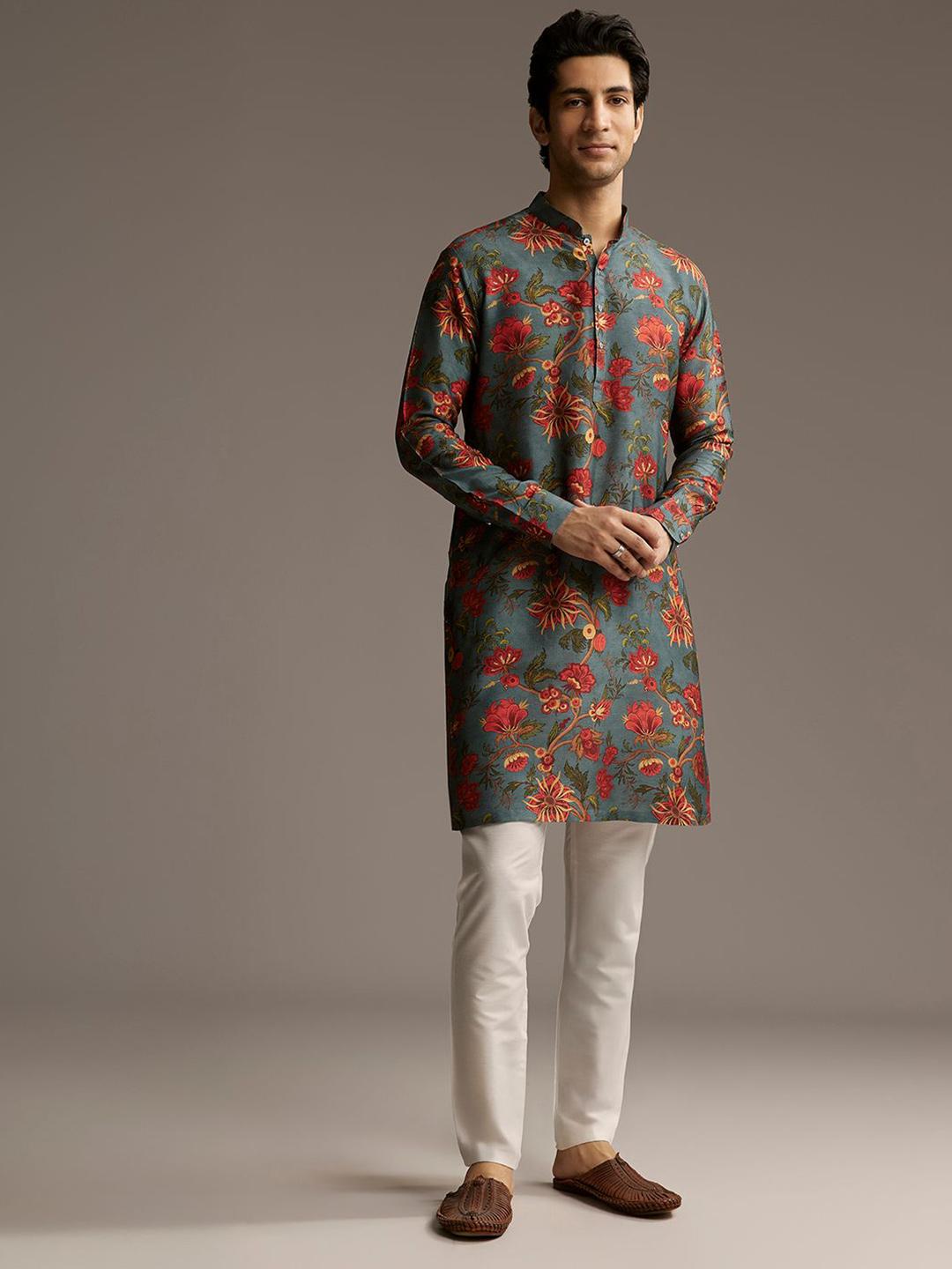 Buy KALKI Fashion Floral Printed Mandarin Collar Kurta - Kurtas for Men ...