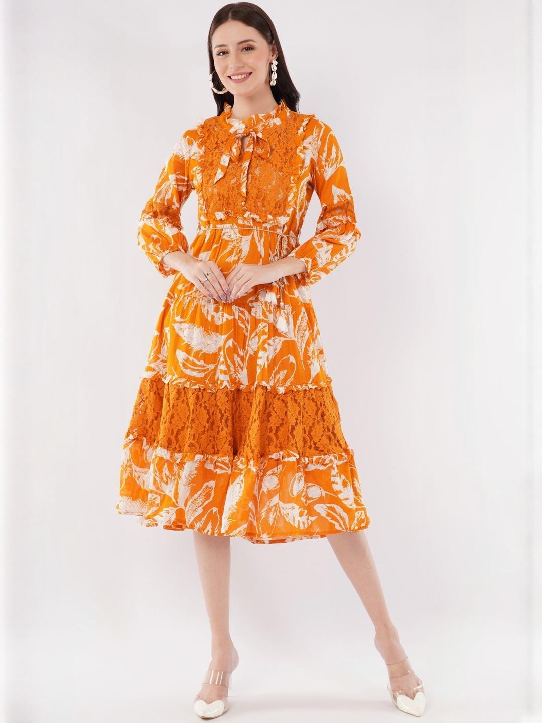 Buy TRUE SISTERS Women Tie Up Neck Cotton Fit & Flare Dress With Lace ...