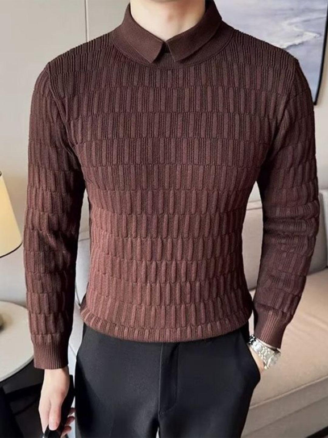 Buy StyleCast Men Cable Knit Self Design Shirt Collar Pullover ...