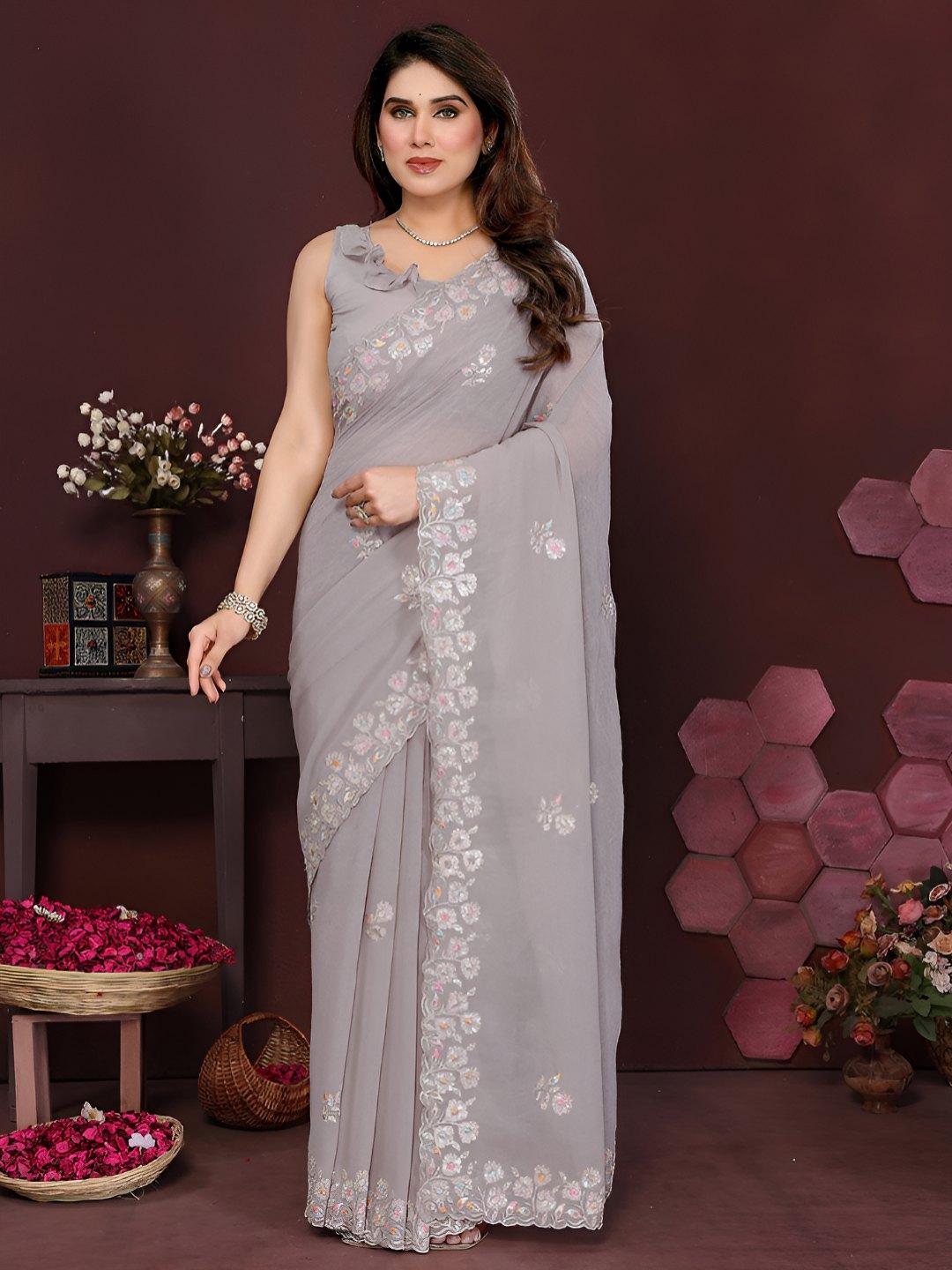 Buy Satrani Floral Embroidered Pure Georgette Saree - Sarees for Women ...