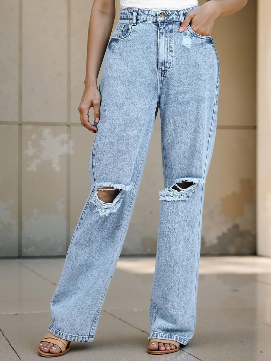 Buy POMPOUS Women Wide Leg High Rise Slash Knee Light Fade Jeans ...