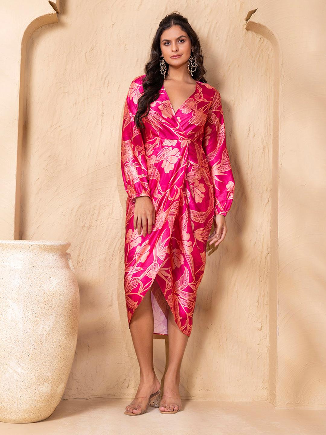 Buy MABISH By Sonal Jain Floral Printed Satin Wrap Midi Dress - Dresses ...