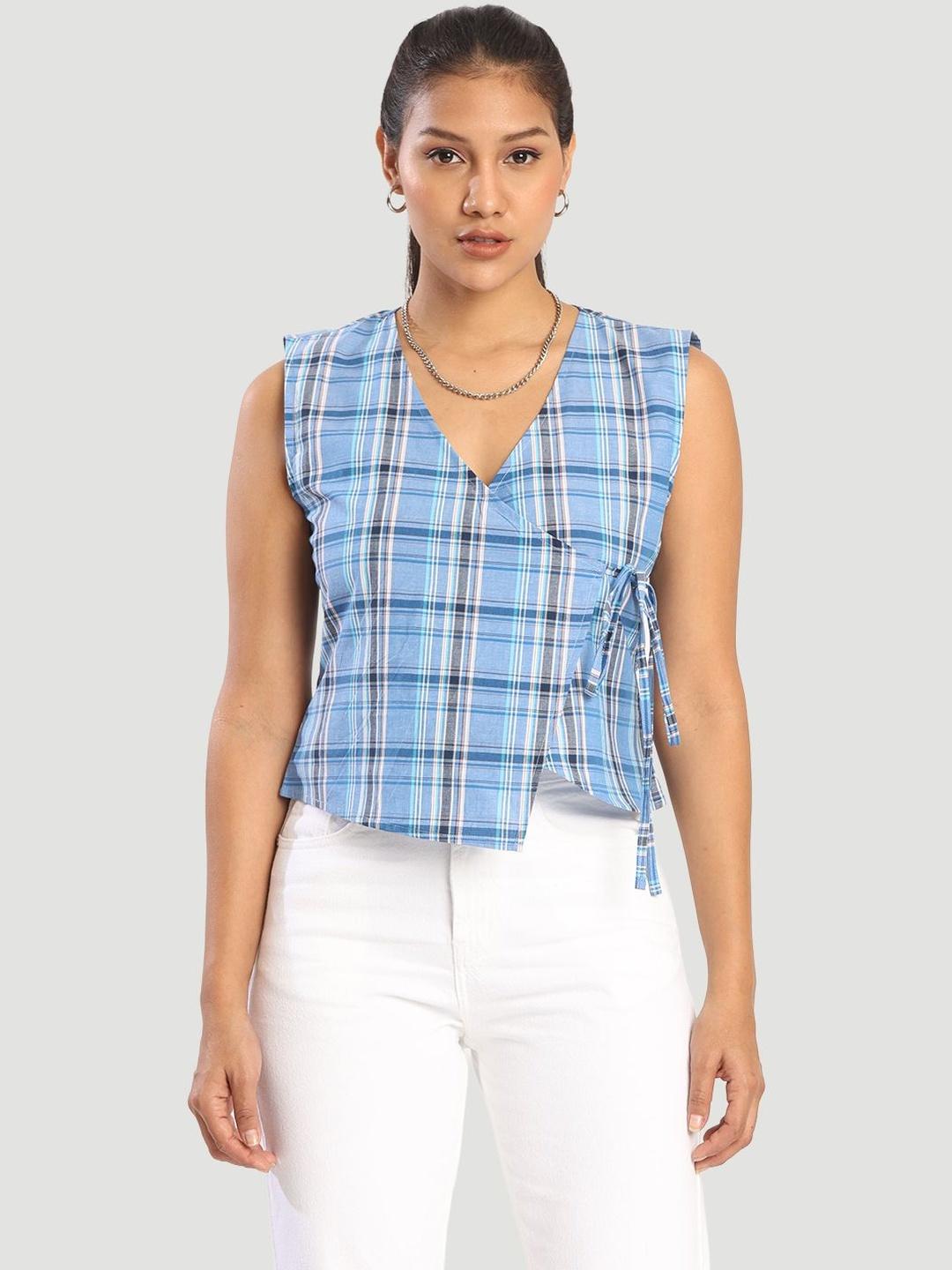 Buy Bene Kleed Women Checked V Neck Cotton Wrap Top With Side Knot ...