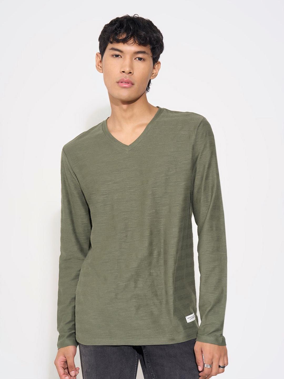 Buy People Green Self Design V Neck Long Sleeves Slim Fit Pure Cotton T ...
