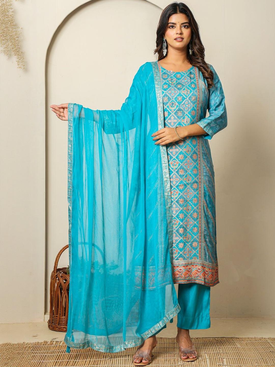 Buy Kiaasa Women Ethnic Motifs Embroidered Regular Kurta With Trousers ...