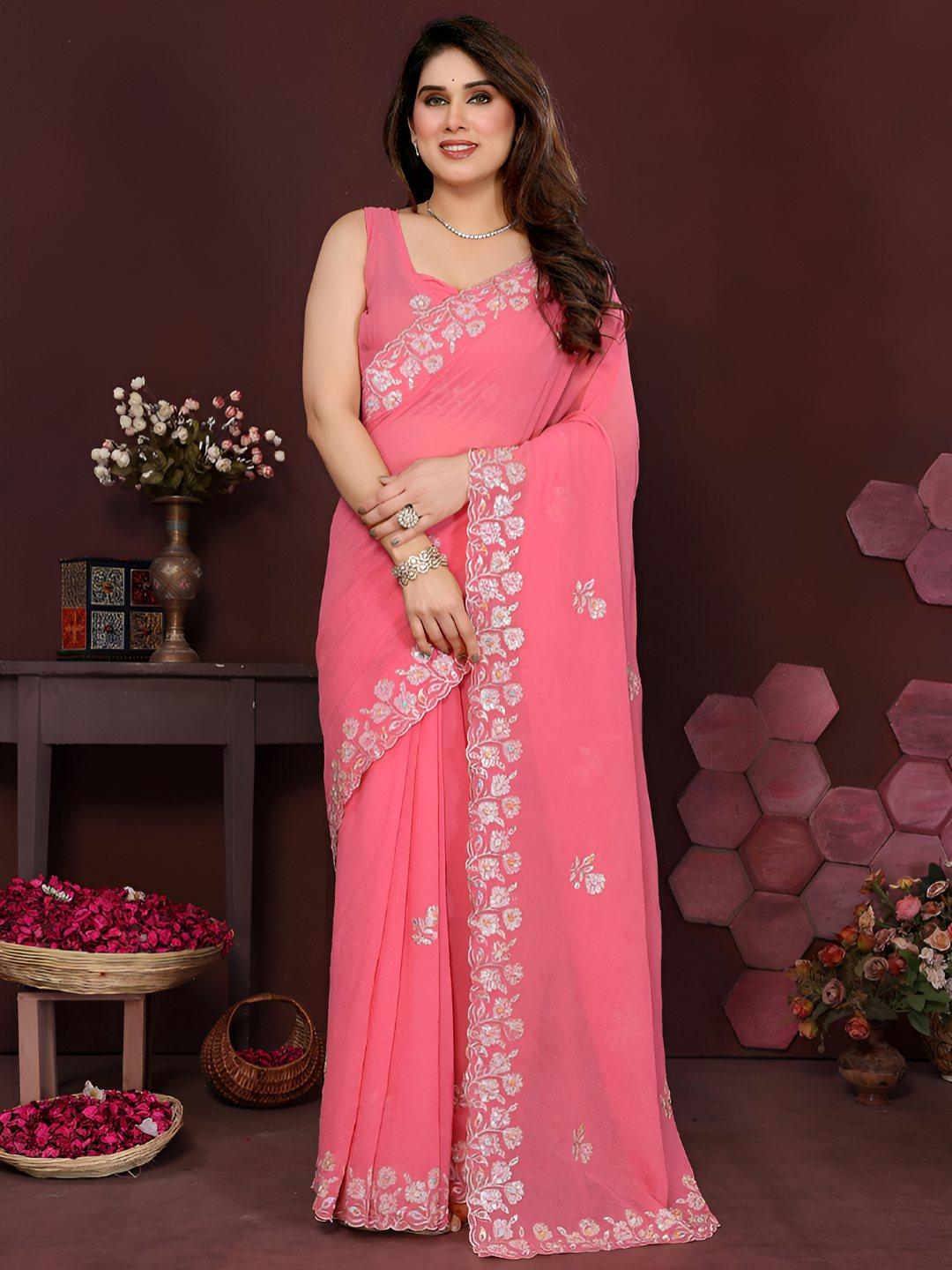 Buy Satrani Floral Embroidered Pure Georgette Saree - Sarees for Women ...