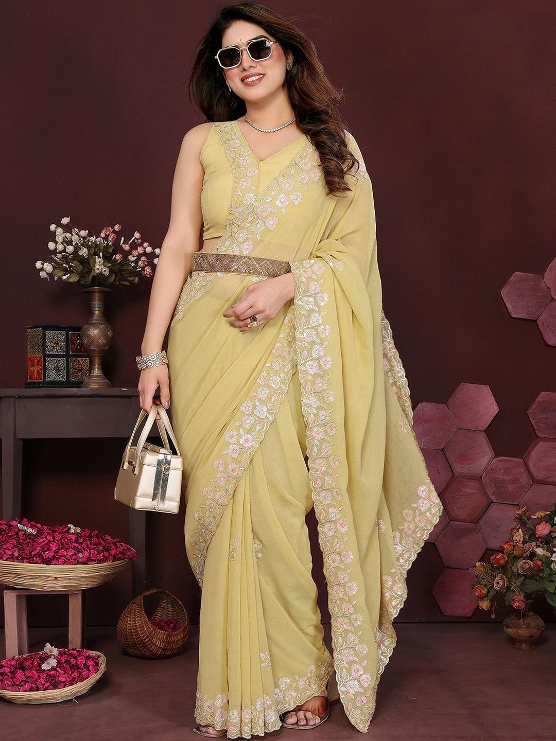 Buy Satrani Floral Embroidered Pure Georgette Saree - Sarees for Women ...