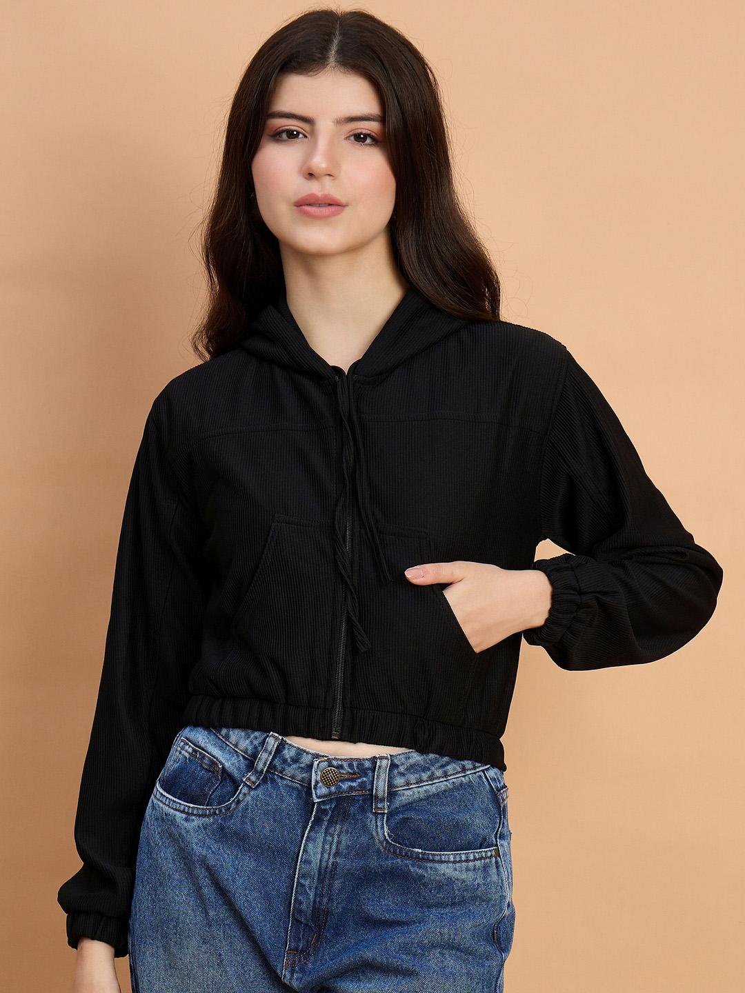 Buy QIOA Women Cotton Ribbed Lightweight Crop Hooded Bomber Jacket ...