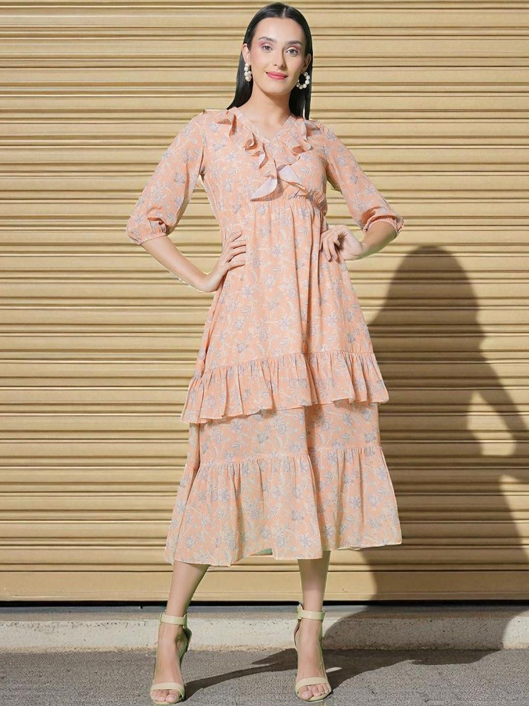 Buy KATLINE Women Floral Print V Neck Ruffled A Line Midi Dress ...