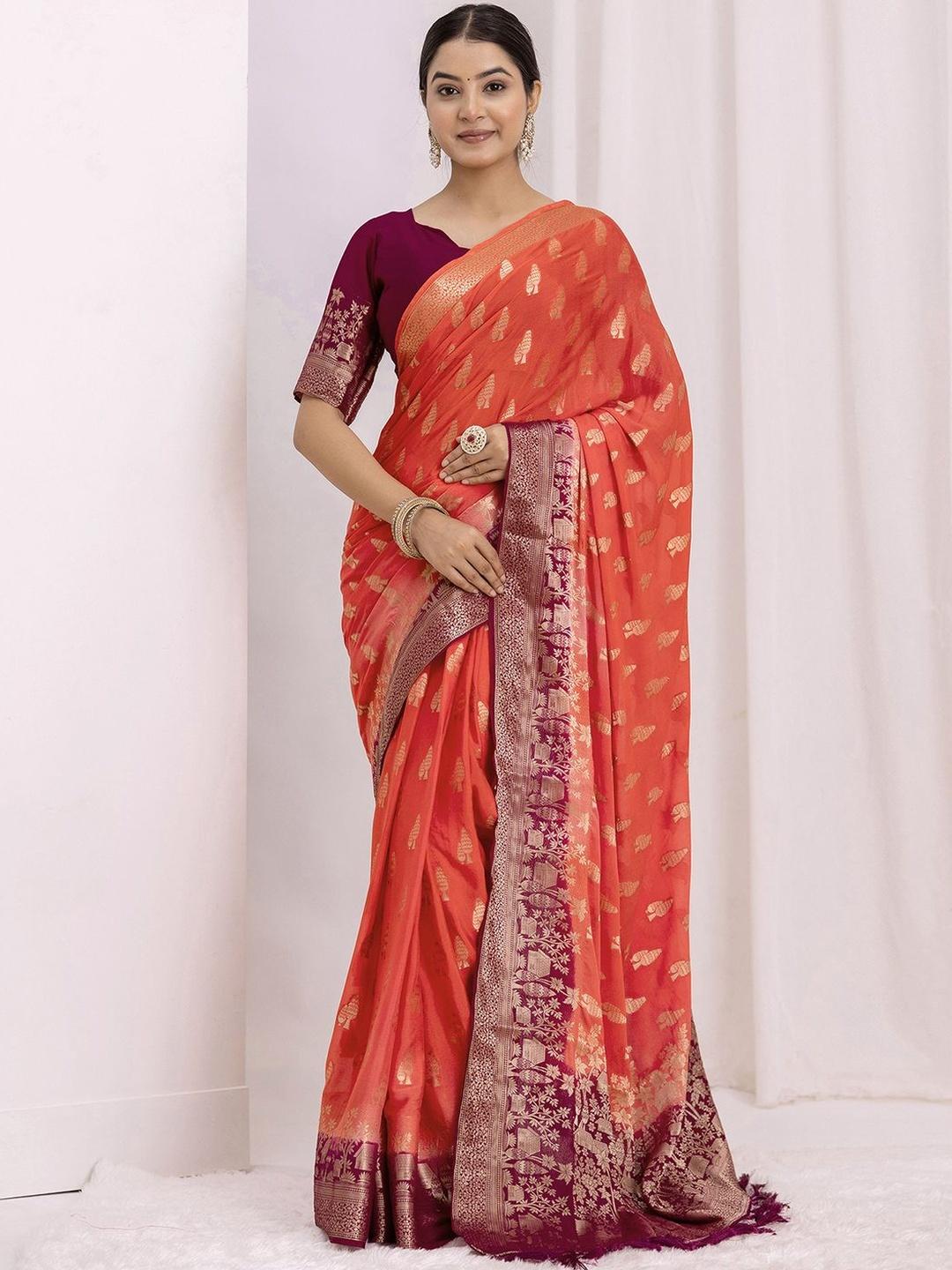 Buy Satrani Ethnic Motifs Woven Design Zari Pure Chiffon Saree - Sarees ...