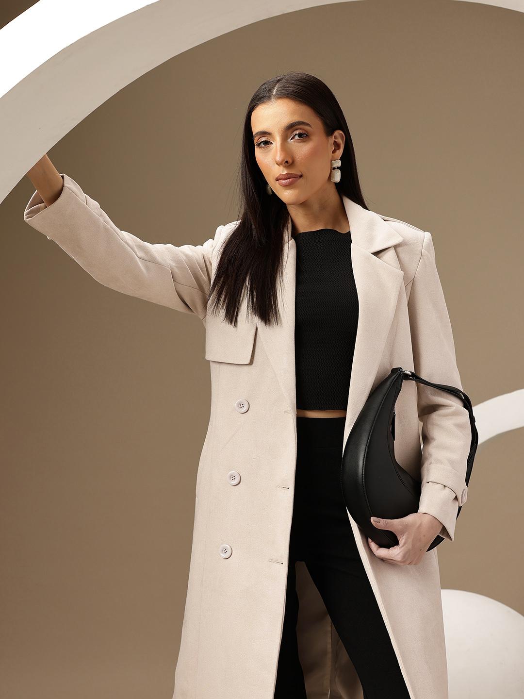 Buy CHEMISTRY Double Breasted Suede Finish Paneled Overcoat With Belt ...