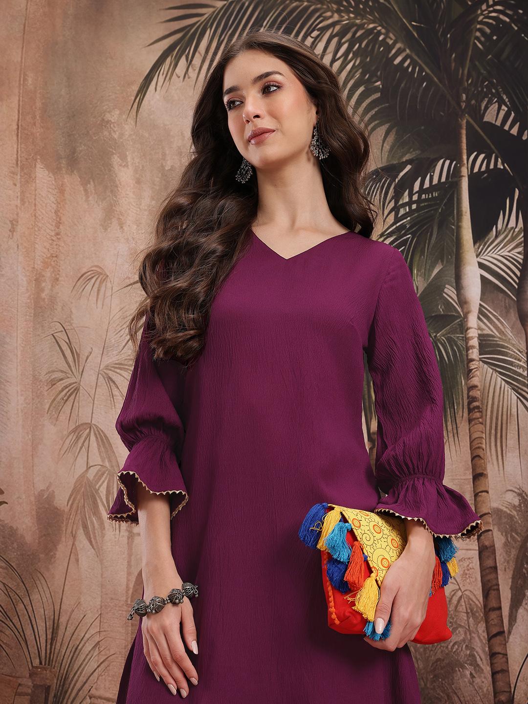 Buy Sangria Crinkled Effect V Neck Gotta Patti Detail Bell Sleeves A ...