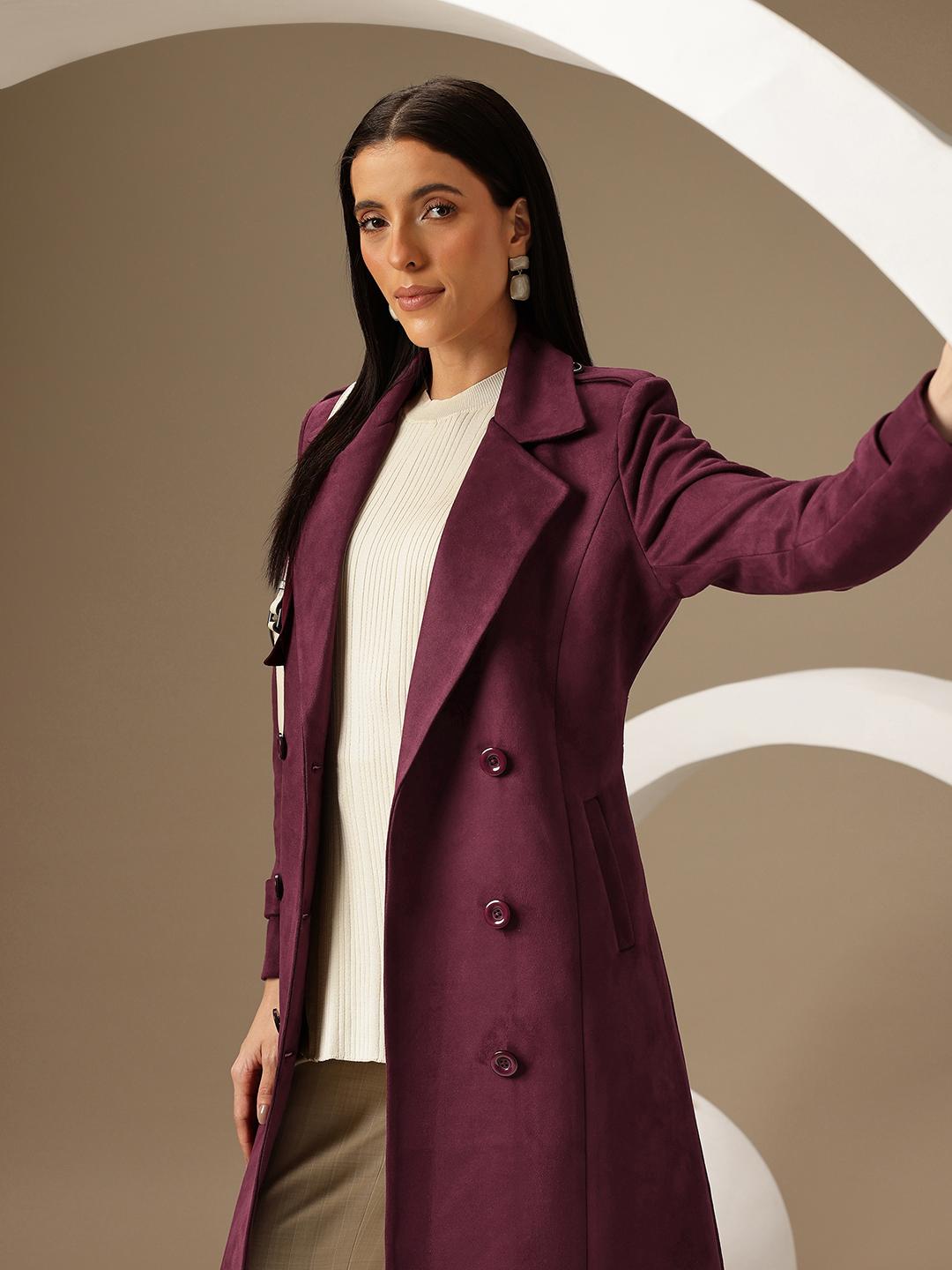 Buy CHEMISTRY Double Breasted Suede Finish Paneled Overcoat With Belt ...