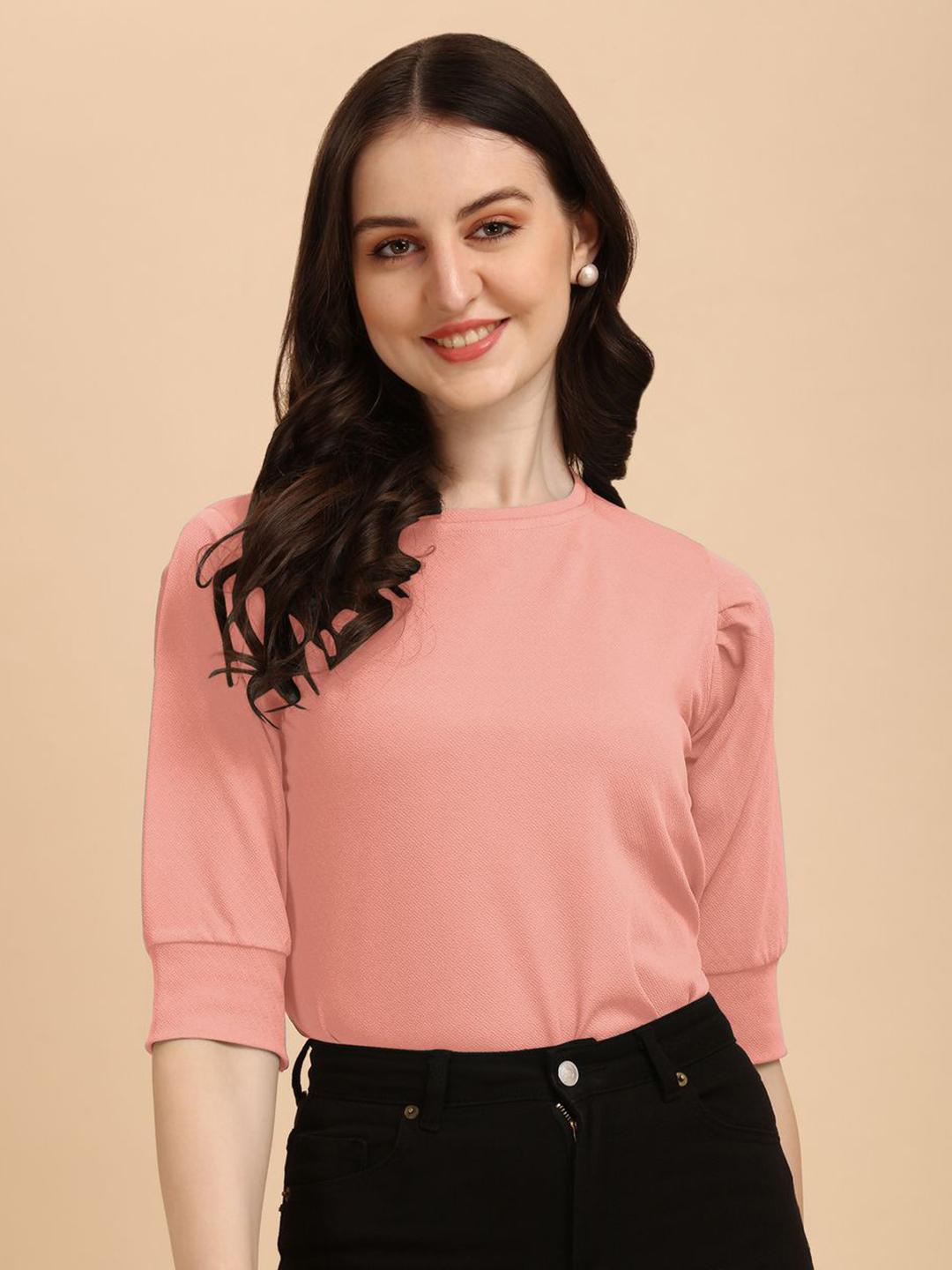 Buy GLOSIA DESIGN Women Peach Round Neck Short Sleeves Top - Tops for ...