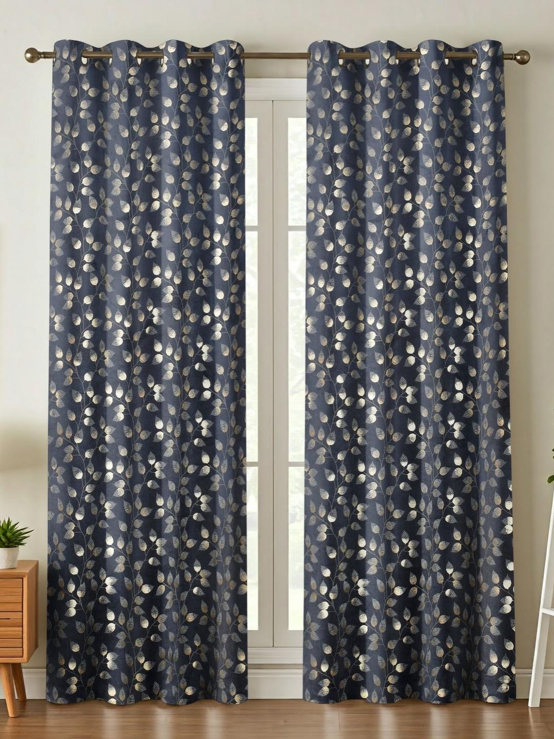 Buy Galaxy Home Decor Navy Blue 2 Pieces Printed Velvet Room Darkening ...