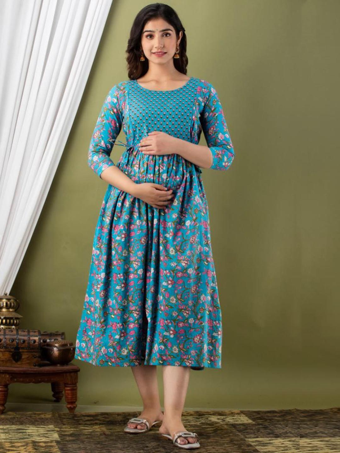 Buy Ashvy Floral Printed Round Neck Fit And Flare Pure Cotton Maternity ...