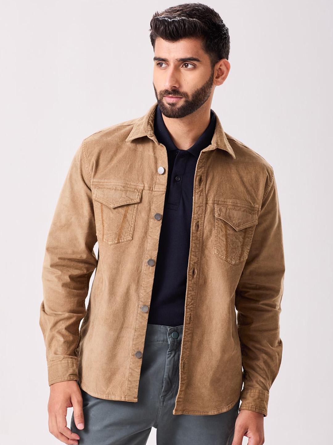 Buy MH&Y Men Solid Spread Collar Long Sleeves Corduroy Shacket ...