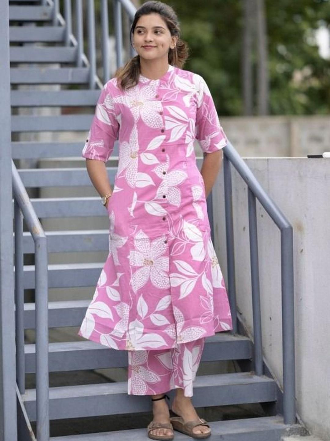 Buy ANGIYA Women Floral Printed Regular Kurta With Trousers - Kurta ...