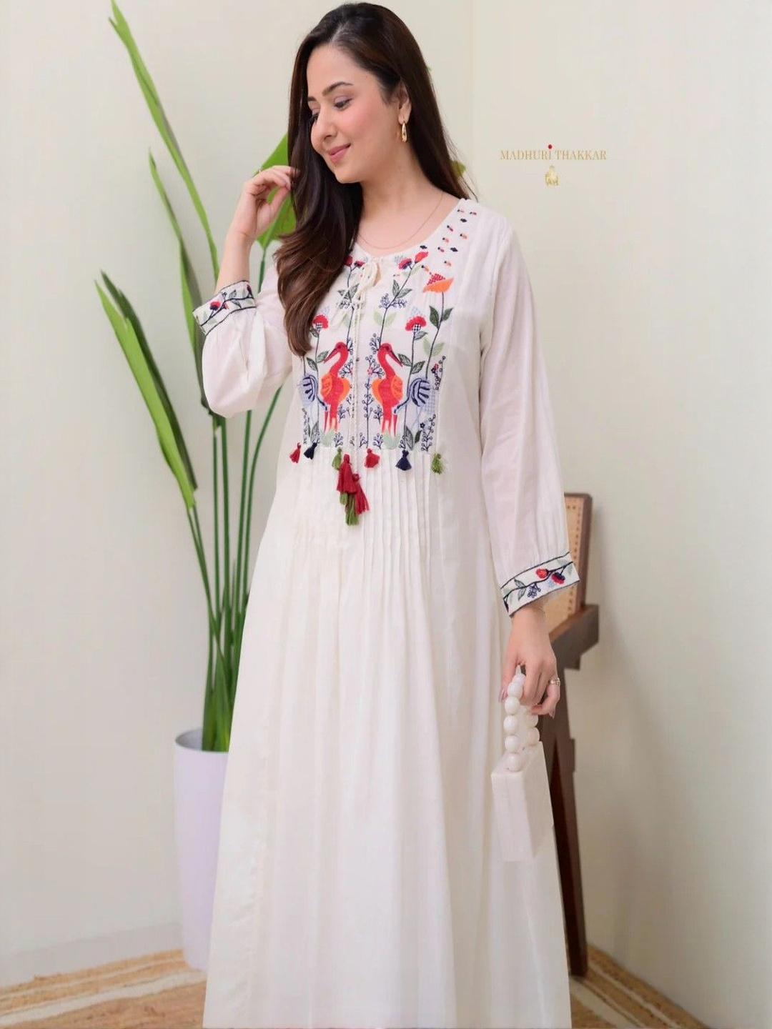 Buy ANGIYA Ethnic Motifs Embroidered Round Neck Thread Work A Line ...