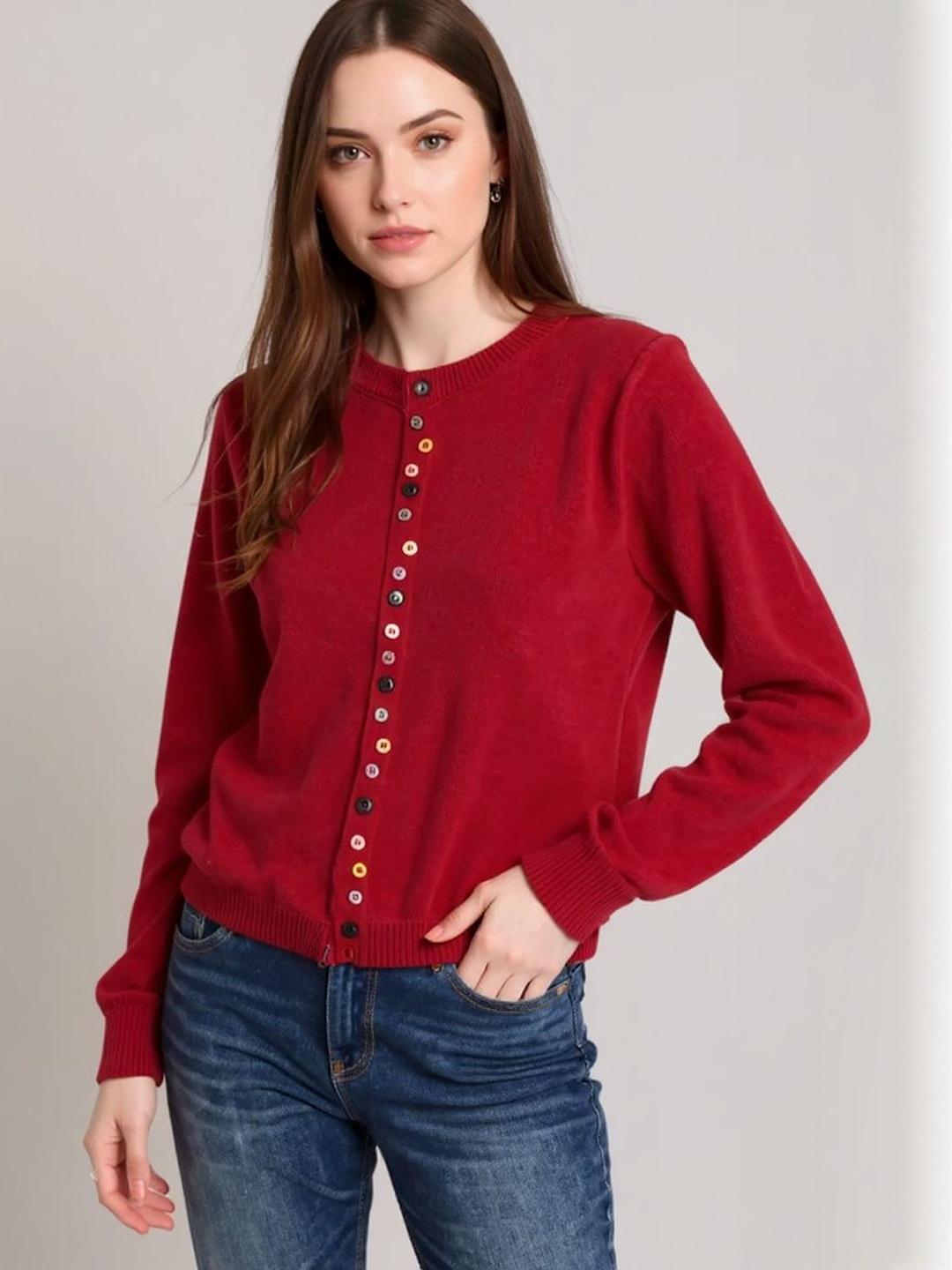 Buy DressBerry Women Red Solid Acrylic Front Open Sweaters - Sweaters ...