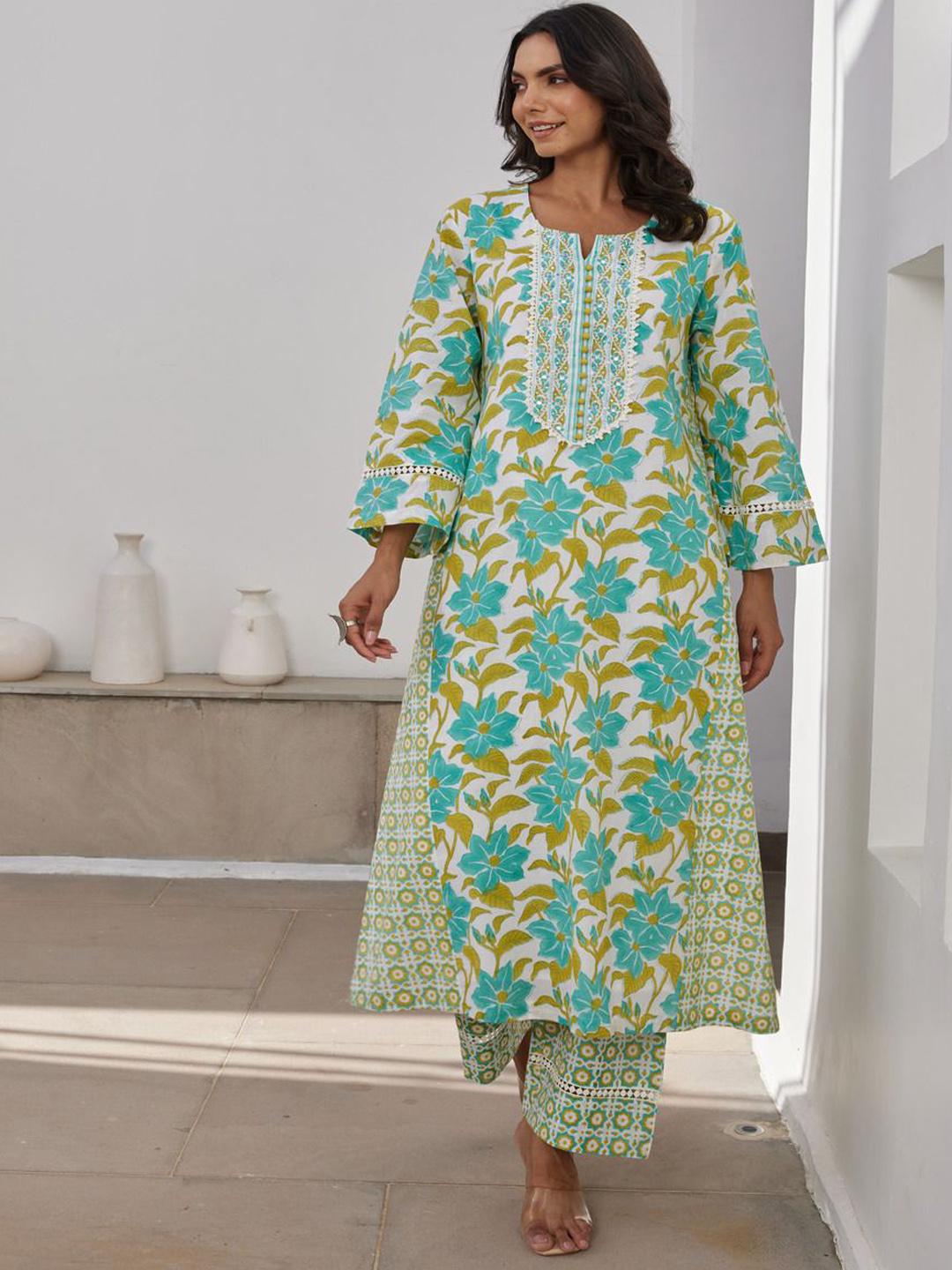 Buy TARA C TARA Women Floral Printed Pure Cotton A Line Kurta With ...