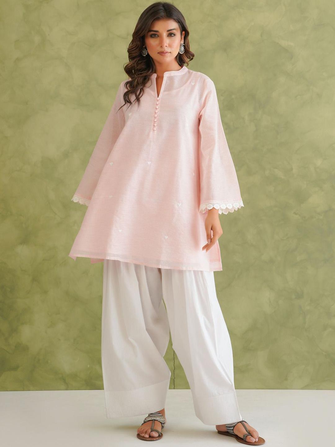 Buy TARA C TARA Women Mandarin Collar Thread Work Pure Cotton Kurti ...