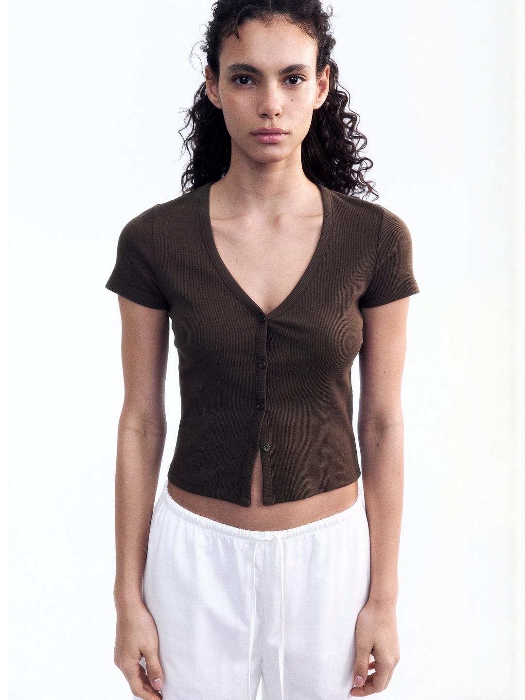 Buy H&M Women Ribbed Button Front T Shirt - Tops for Women 33382146 ...