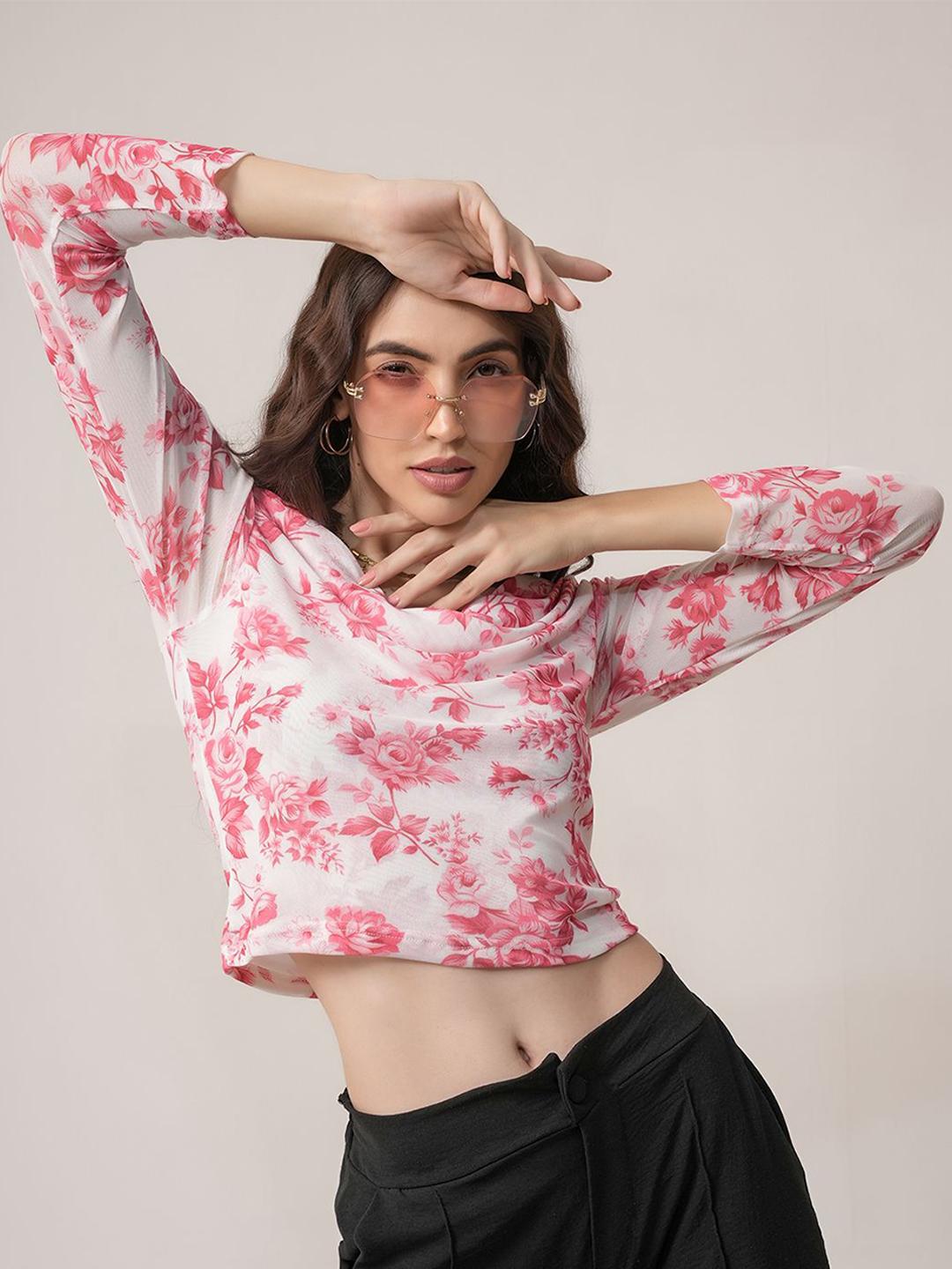 Buy Clobug Floral Print Cowl Neck Net Crop Top - Tops for Women ...
