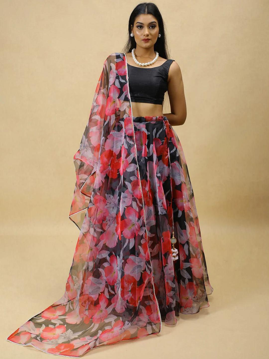 Buy PURI MAA Printed Semi Stitched Lehenga & Ready To Wear Blouse With ...