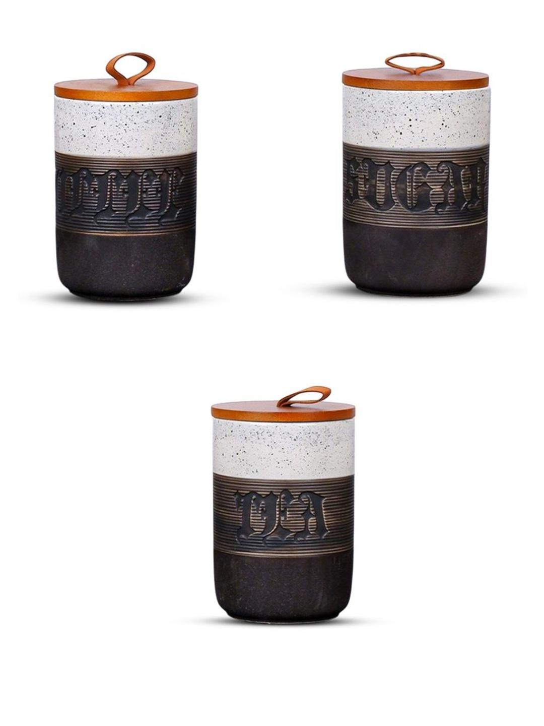 Buy Aarvi Decor Set Of 3 Ceramic And Wooden Jar Containers - Container ...
