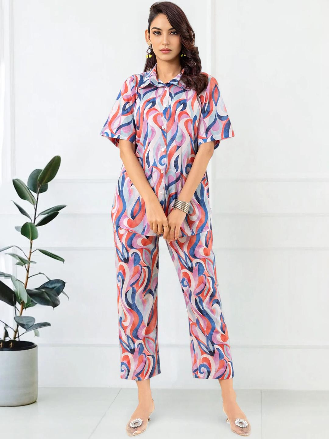 Buy All About You Printed Pure Cotton Collared Neck Shirt With Trouser ...