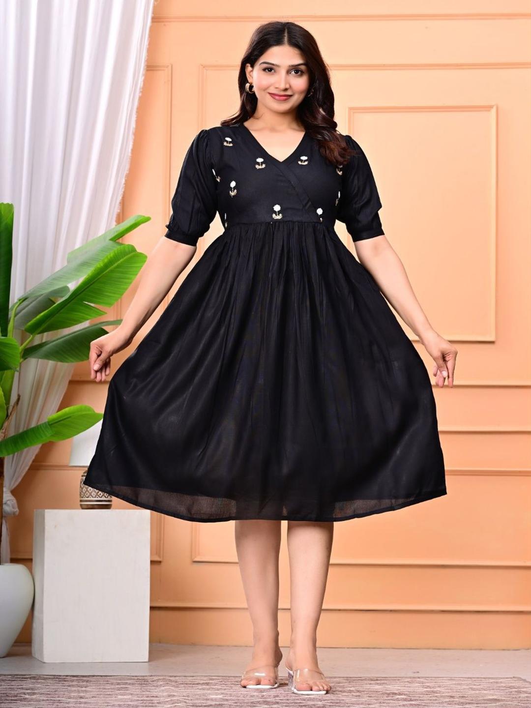 Buy Orna Design Women Floral Embroidered V Neck Puff Sleeve Fit & Flare ...