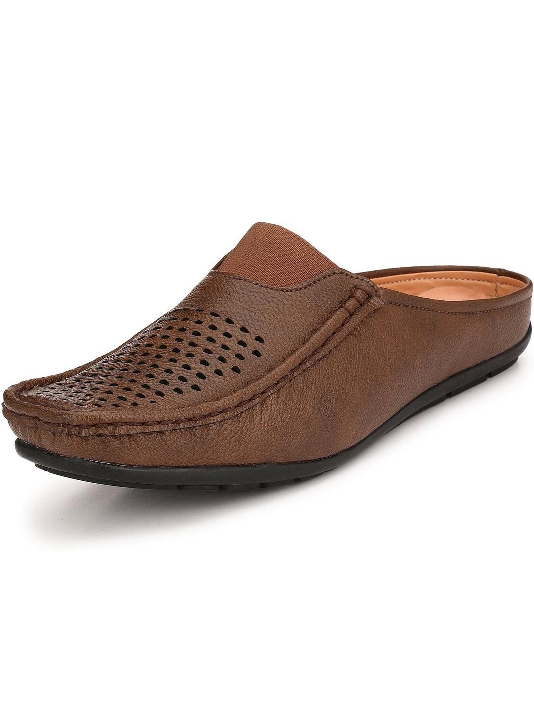 Buy SCARPIA Men Dark Brown Backless Moccasin Style Stitching Loafers ...
