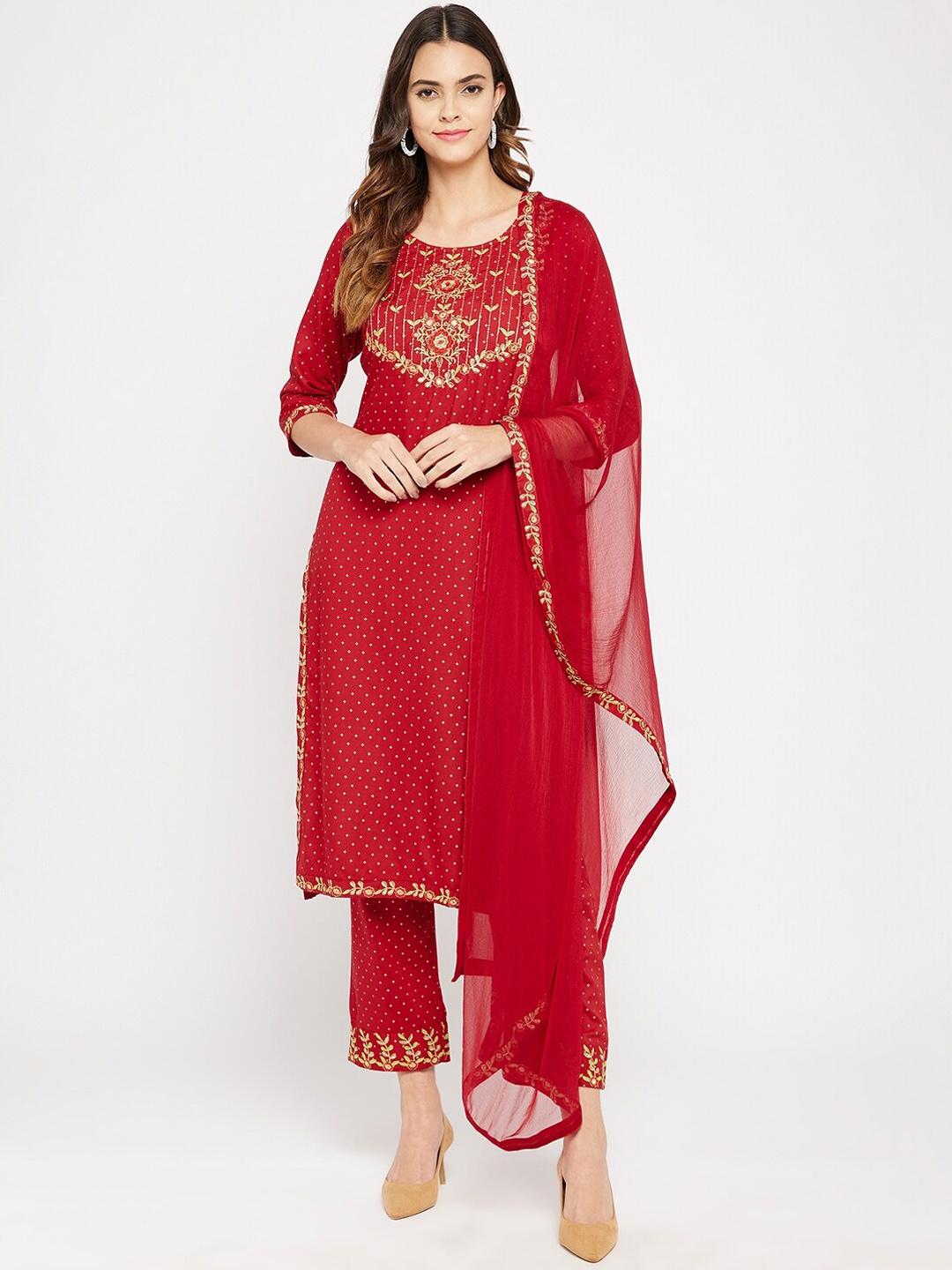 Buy Prakhya Women Red Floral Embroidered Straight Kurta With Palazzos ...