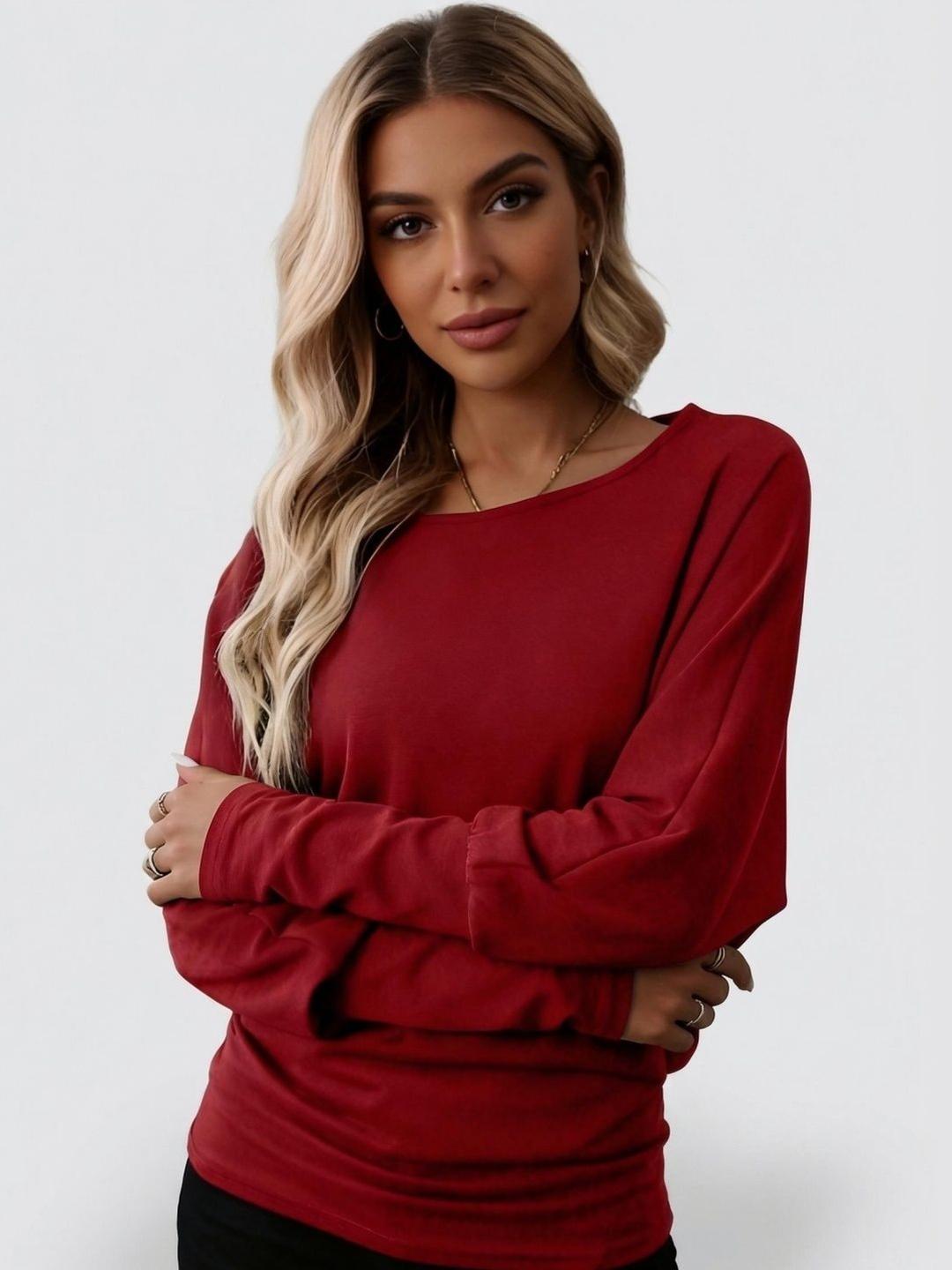 Buy JC Collection Red Solid Boat Neck Long Sleeves Top - Tops for Women ...
