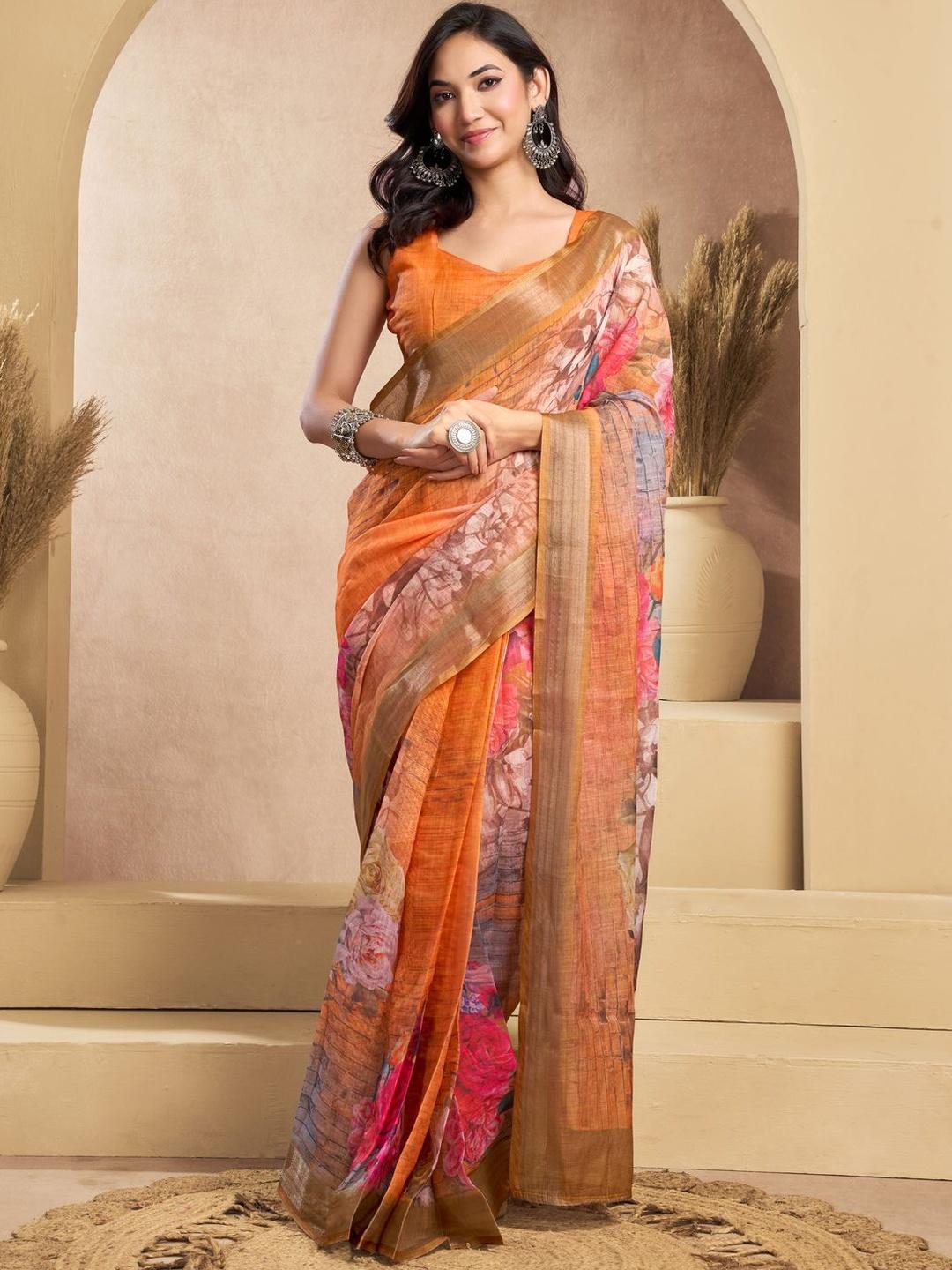 Buy Sangria Orange Linen Ready To Wear Saree With Printed Design ...