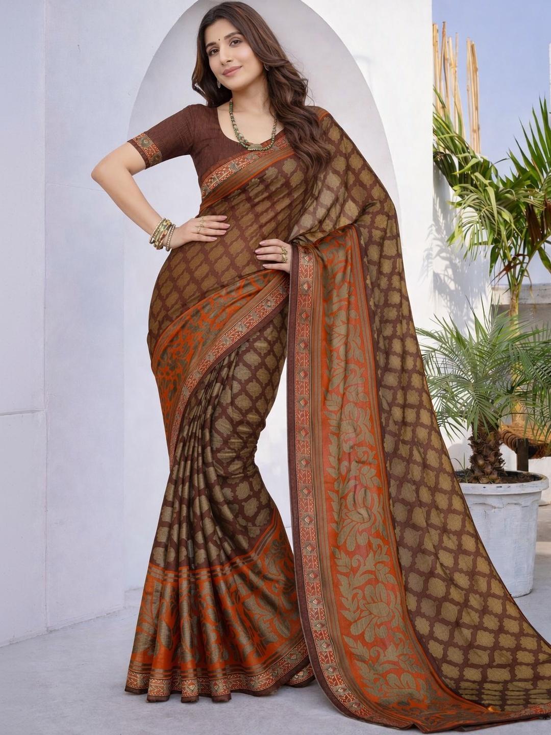 Buy Mitera Ethnic Motifs Brasso Fusion Saree - Sarees for Women ...
