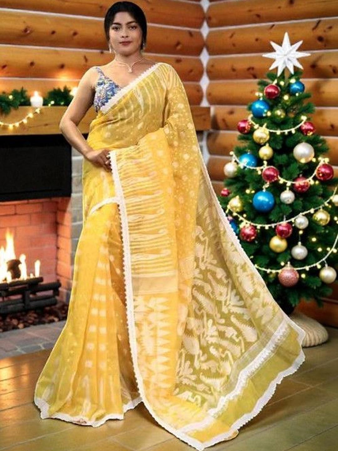 Buy Kanokanjali Ethnic Motifs Woven Design Pure Cotton Taant Saree ...