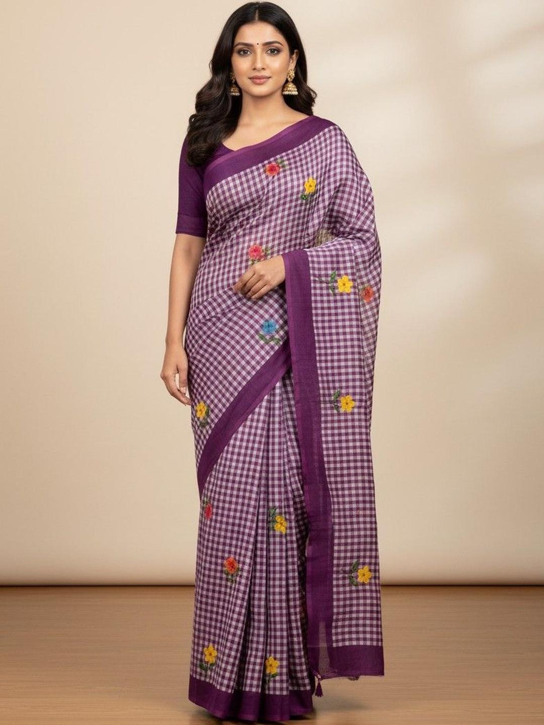 Buy HERE&NOW Checked Embroidered Linen Blend Saree - Sarees for Women ...