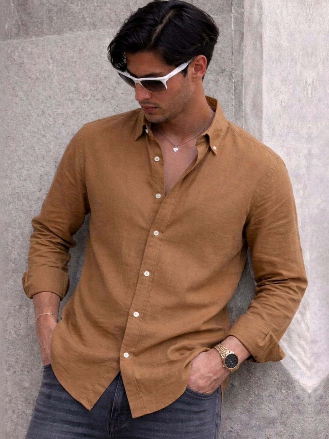 Buy Rigo Men Light Brown Solid Cotton Button Down Collar Full Sleeve ...