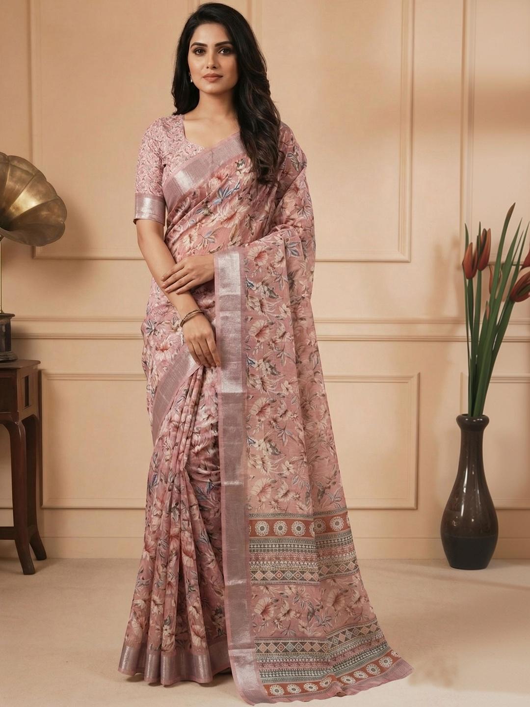 Buy TIGER SNAKE Floral Linen Blend Khadi Saree - Sarees for Women ...
