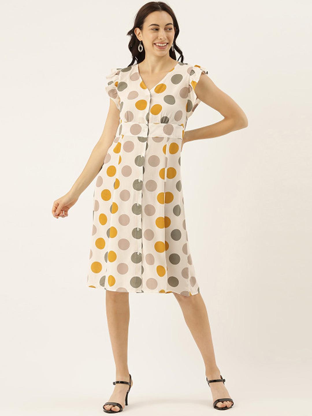 Buy PINACOLADA Women Off White & Mustard Yellow Polka Dots Printed A ...