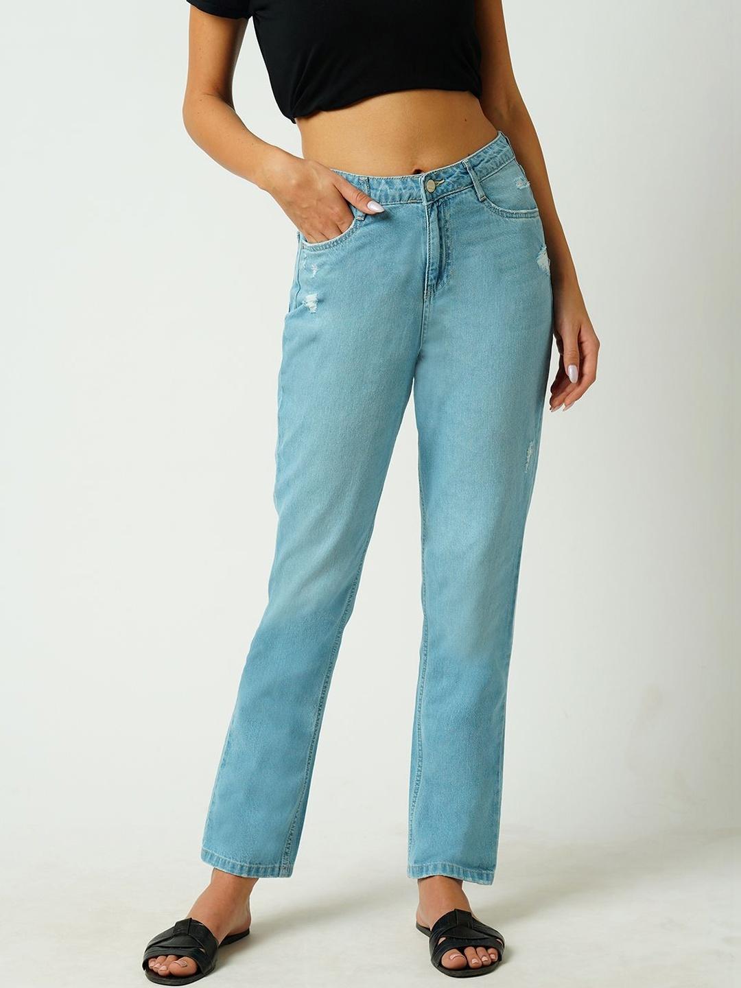 Buy Kraus Jeans Women Straight Fit High Rise Mildly Distressed Light ...